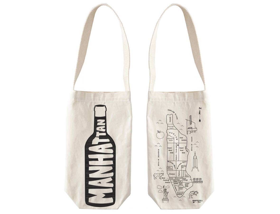 Manhattan Single Wine Tote - 100% Cotton Canvas Bag with Map Design ...